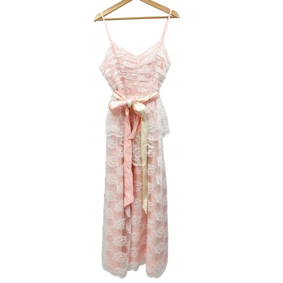 Vintage | Dresses | Vintage New Leaf Pink Ruched Ruffle Lace Overlay ...